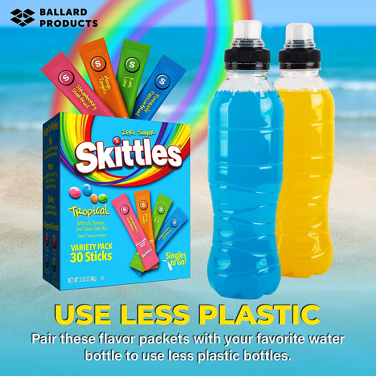 Skittles Drink Mix Bulk Pack of 3 Boxes - Original, Tropical, and Wild Berry - 90 Count of Skittles Water Flavor Packets - Sugar Free Drink Mix Bundle with Ballard Products Moist Towelette