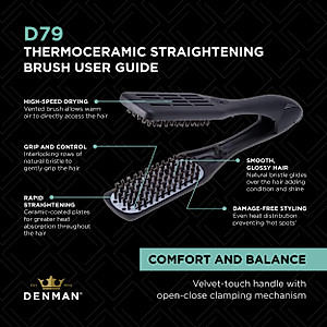 Denman D79 Thermoceramic Hair Straightening Brush - with Boar Bristles - For Wide, Wavy, Curly, Coily Hair – Black