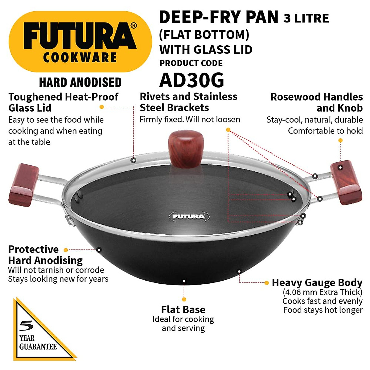 FUTURA Hawkins 3 Litre Deep Fry Pan with Glass Lid, Hard Anodised Kadai, Flat Bottom Kadhai, Black (AD30G)