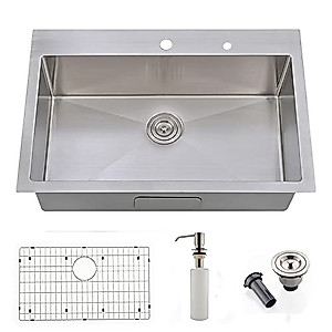 33-inch Drop In Kitchen Sink Stainless Steel -VOKIM 33 Inch Topmount Drop-in Single Bowl Handmade Stainless Steel 16 Gauge Kitchen Sink, With Dish Grid and Basket Strainer,Soap Dispenser