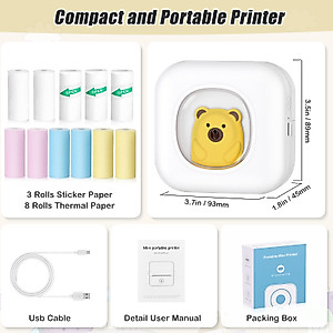 Zeacool Mini Sticker Printer,Mini Pocket Thermal Printer with 11 Rolls Paper,Bluetooth Inkless Printer Compatible with Android & iOS,Portable Receipt Printer for Photo,Notes,Memo,Work,Travel,White