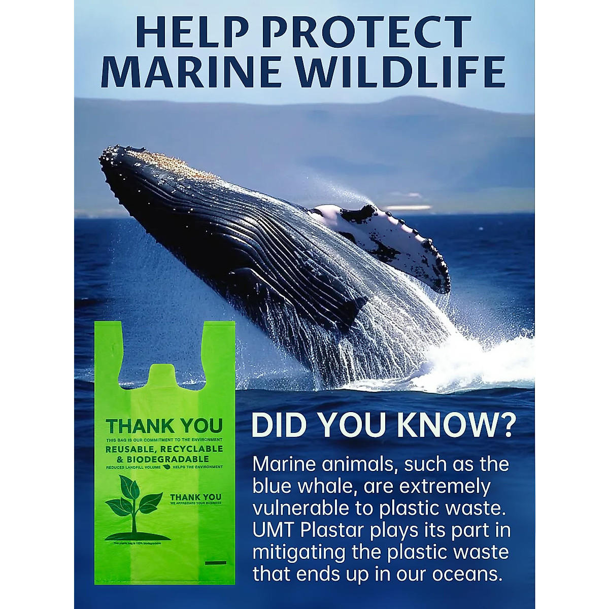 UMT Plastar 500 Count Recyclable Compostable 100% Biodegradable T-Shirt Bags, Eco-Friendly Grocery Shopping Bags, 11.5" x 6.25" x 21", 16 Mic