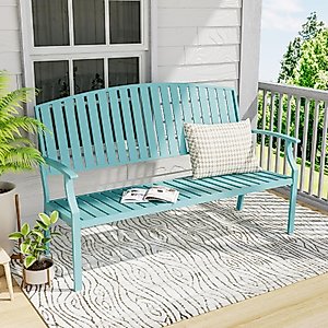 Outdoor Aluminum Bench with Backrest, Patio Metal 3-Seater Chair for Porch Balcony Deck Lawn Garden Poolside Yard (Red)