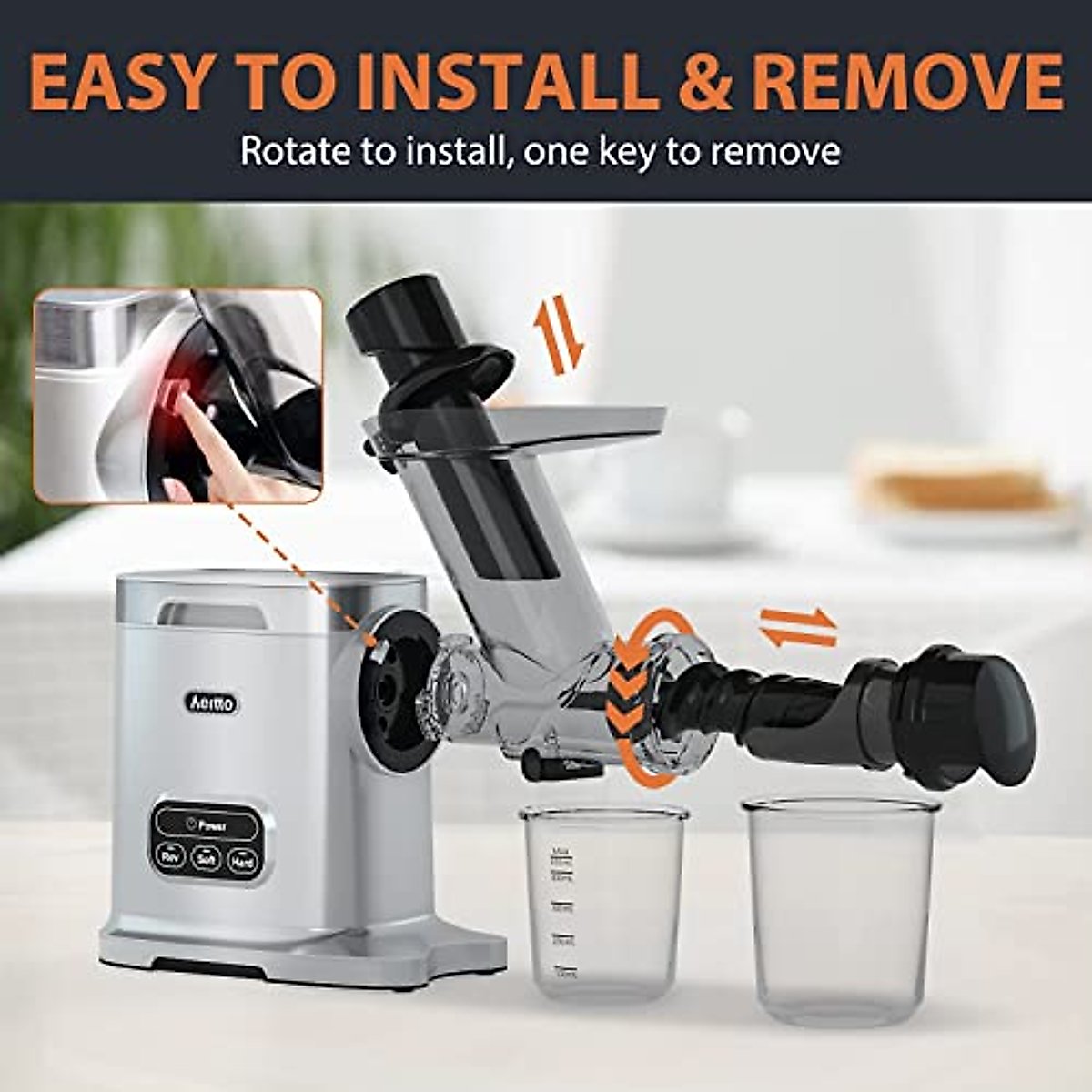 Aeitto Cold Press Juicer, Juicer Machines, Slow Juicer with 3 Inch Wide Chute, 2-Speed Modes & Reverse Function, Masticating Juicer with Brush Easy to Clean for Fruit and Vegetable (Sliver)