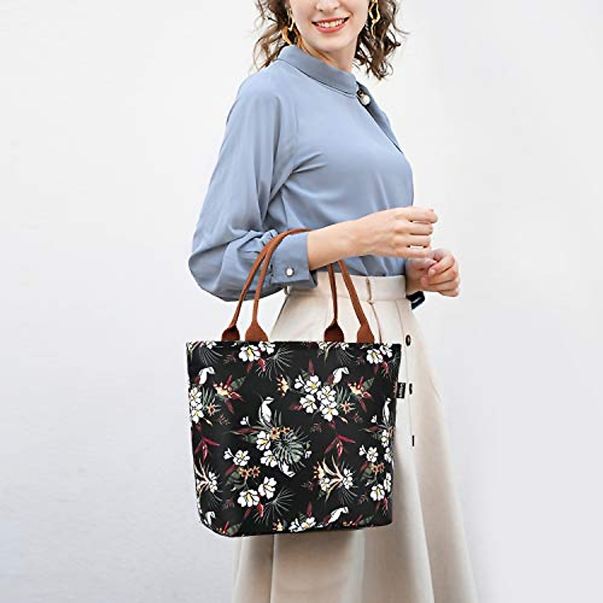 Gloppie Lunch Bag Women Insulated Lunch Box Tote Bag Leakproof Lunch Cooler Meal Prep Tote Purse Lunch Kit Teen Girls Lunch Bags Loncheras para mujer Beach Work 9L White Flower