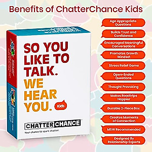 ChatterChance Kids: Conversation Card Game Gift for Family Fun Activities or Car Travel Road Trip Games for Children - 80 Thought Provoking Question Deck of Cards Learning Social Skills Therapy