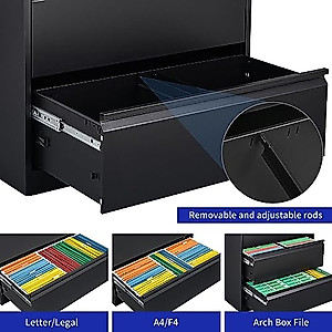 LVSTEEL Lateral File Cabinet with Lock,4 Drawer Stainless Metal Lateral Filing Cabinets, Home Office Storage Cabinets for Organization, Hanging Letter/Legal/A4,Anti-tilt Structure, Black