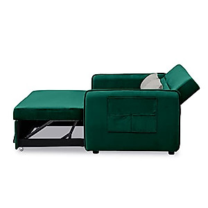 Velvet Upholstered Loveseat Sleeper w/Side Storage Pockets, 54'' 2-Seaters Sofa with Pull-Out Couch Bed with 2 Pillows & Adjustable Backrest for Living Room Apartment Office Compact Space, Green