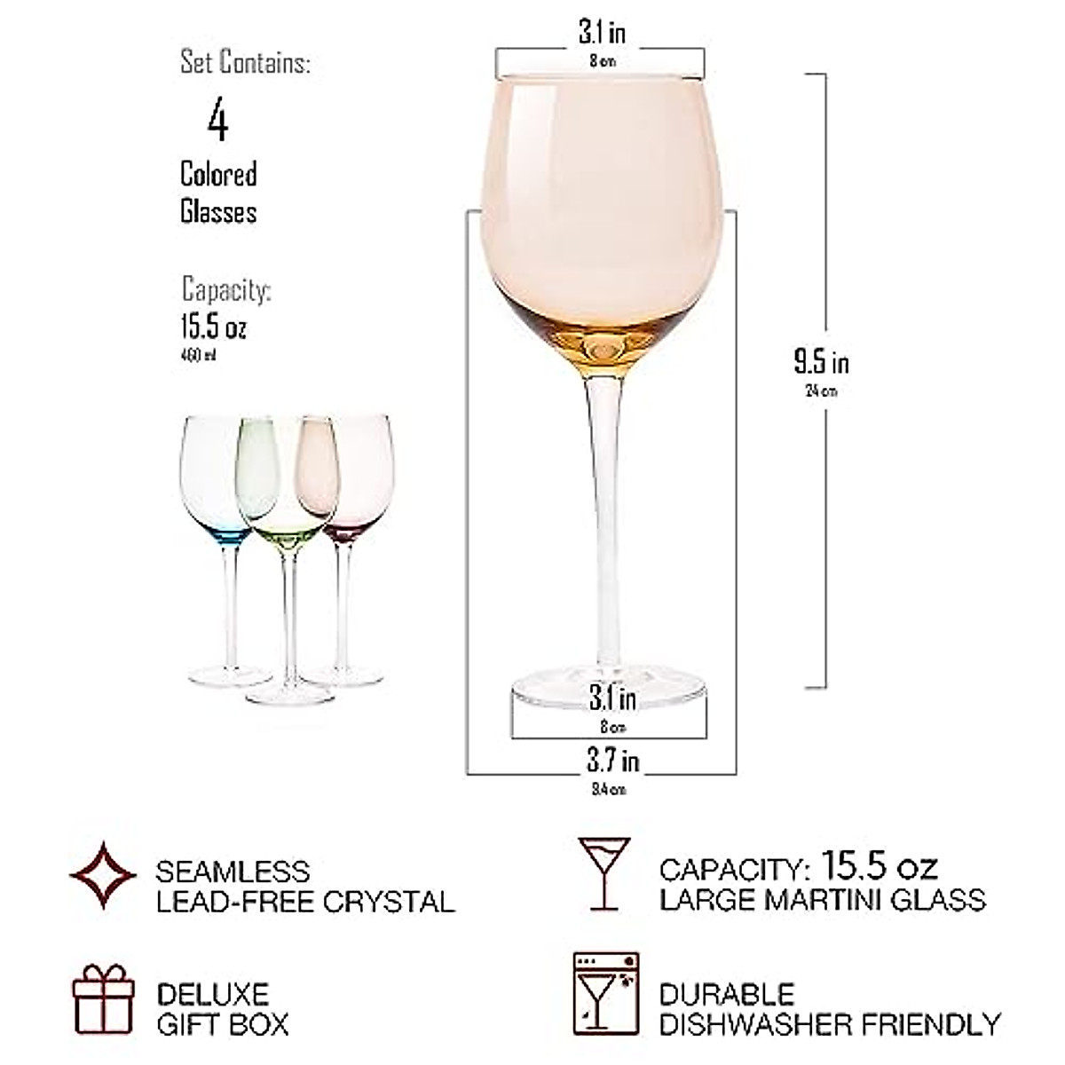 OMITA Colored Crystal Wine Glasses with Stem, Set of 4, Hand-Blown 15.72 oz - Italian Style for Red & White Wine - Elegant Drinkware for Parties & Gifts