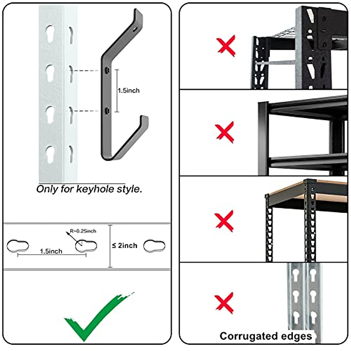 TORACK 7PCS Shelving Hooks for Keyhole Shelving Units, Metal Shelving Hook Organizer Kit for Tools, Cords, Hoses, Bags, etc., No Drilling No Holes