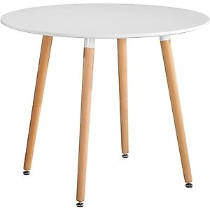 NIERN Round Dining Table with Beech Wood Legs, Modern Wooden Kitchen Table for Dining Room Kitchen (White)