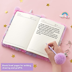 WERNNSAI Rainbow Girls Diary - Plush Girls Diary with Lock Notebook Journal for Kids Birthday Christmas Valentine Gift Embroidery Fluzzy Travel School A5 Secret Diary Writing Drawing Notepad
