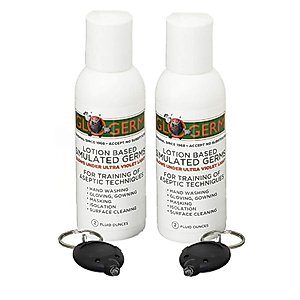 GLO GERM Mini Gel Kit 2 Pack (Two 2 oz Bottles, Two UV Light Keychains) - Gel Lotion Based Simulated Germs - Helps Promote Better Hand Washing Habits - Training for Aseptic Techniques - Double Pack