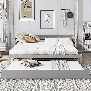 Merax Modern Extending Daybed with 2 Pop Up Trundle Beds Twin to King Wood Sofa Day Bed with Headboard No Box Spring Needed Grey