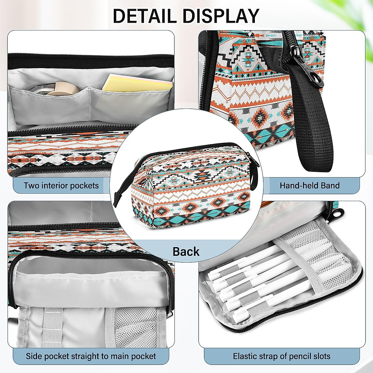 DEHOZO Portable Pencil Case Pen Bag with Zipper, Ethnic Aztec Geometric Large Pencil Pouch Pen Case Stationery Bag for Office School Student, Multifunctional Pen Box for Girl Boy Men Women