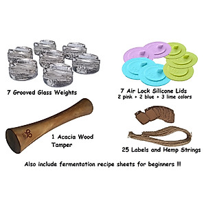 Canning kit. Complete DIY fermentation kit for wide mouth mason jars or pickling jars for 7 sets. Glass weights, tamper, airlock lids, and recipe included.