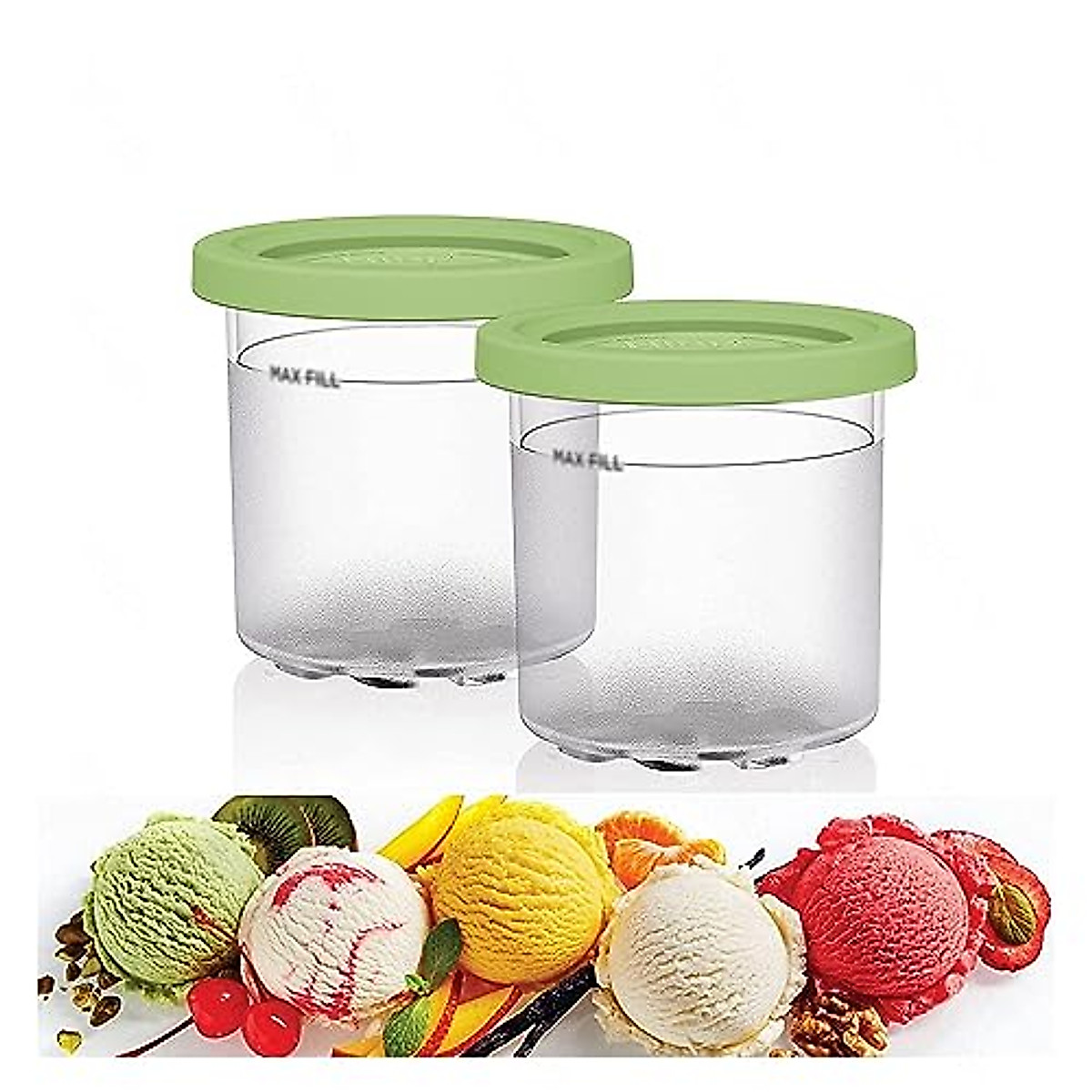 EVANEM 2/4/6PCS Creami Containers, for Ninja Creami Pints Lids,16 OZ Creami Deluxe Pints Reusable,Leaf-Proof Compatible NC301 NC300 NC299AMZ Series Ice Cream Maker,Green-2PCS