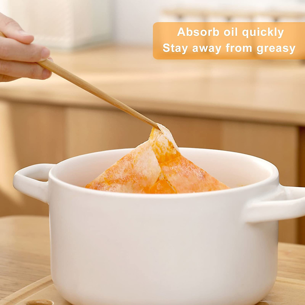 KLVEU 36 Sheets Kitchen Oil Absorbing Paper for Food Scum Oil Absorbing Sheets for Cooking ,Food Blotting paper Used for Soup, Fried Food to Absorb and Remove the Grease Fat