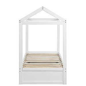 House Bed with Trundle for Kids and Toddlers, Wood Twin Size House Bed Frame, Can Be Decorated, White