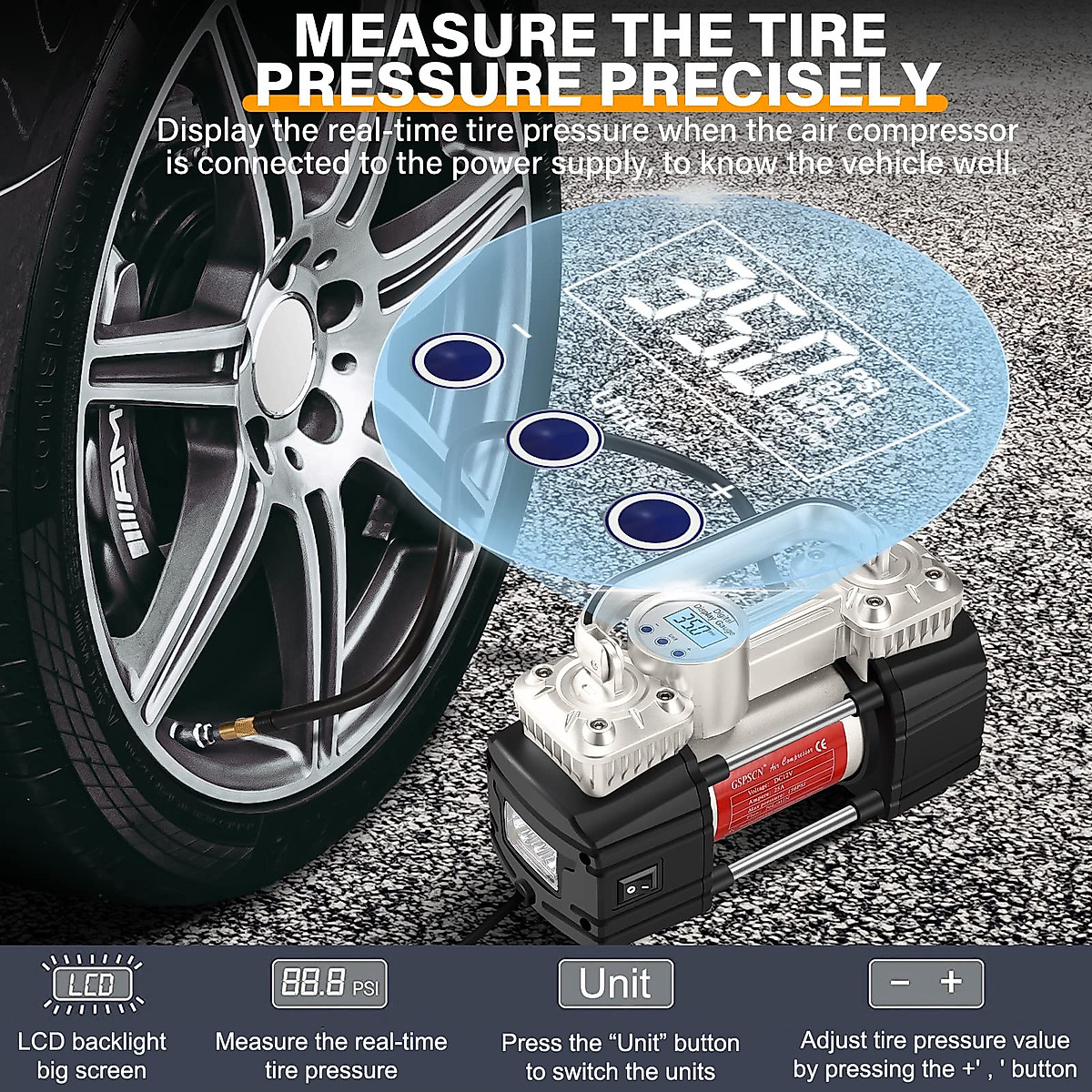 GSPSCN Portable Digital Car Tire Inflator with Gauge 150Psi Auto Shut-Off, Heavy Duty Double Cylinders 12V Air Compressor Pump with LED Light for Auto,Truck,Car,Bicycles,RV,SUV,Balls etc.