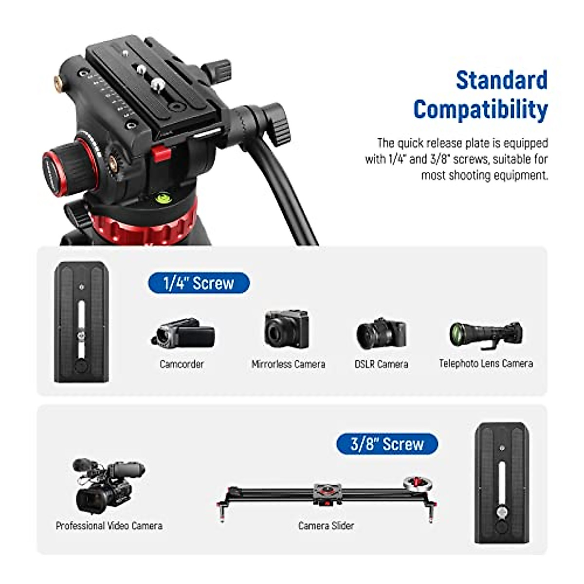 NEEWER 74" Pro Video Tripod with Fluid Head, All Metal Heavy Duty QR Plate Compatible with DJI RS Gimbals Manfrotto, Flexible 360° Pan&+90°/-75° Tilt with Adjustable Damping Max Load 18lb/8kg, TP75