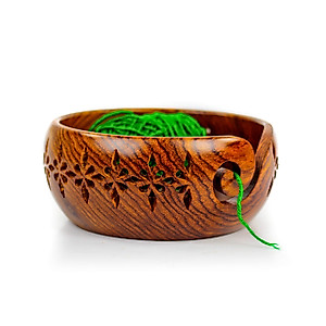 Premium Rosewood Storage Bowl for Yarn Balls & Skeins with Decorative Carved Drills & Drops & Candy Knitting Needles | Knitting & Crochet Notions | Nagina International (Large)
