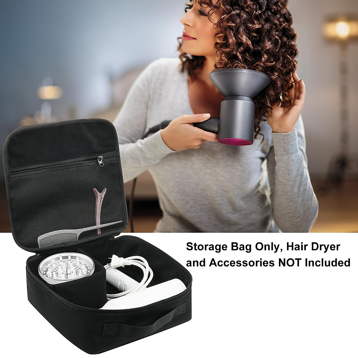 Hair Dryer Carrying Bag Travel Hairdryer Storage Bag Fits 1600W Ionic Blow Dryer and Styler Attachments, Universal Blowdryer Organizer with Mesh Pocket for Portable Hair Dryer and Styling Accessories