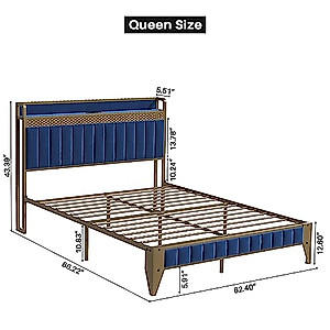 Saudism LED Bed Frame with Charging Station, Queen Size Bed Frame with Headboard Storage, Sturdy and Durable, No Box Spring Needed, Gold+Navy Blue