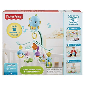 Fisher-Price 3-in-1 Soothe and Play Seahorse Mobile, Crib Mount, Unisex-Baby, Music, 15 minutes