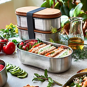 BLACK + BLUM Stainless Steel Bento Box | Plastic Free, Leak-Proof, 2-Compartment Lunch Box with Travel Fork and Bamboo Chopping Board Lid for Packing Healthy and Delicious Food | 34 oz / 1000 ml