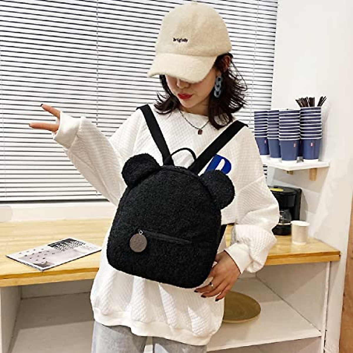 Kaupuar Fashion Fleece Sherpa Kawaii Backpack Fluffy Backpack Fuzzy School Bag Teen Girls Plush Bear Backpack (Black)