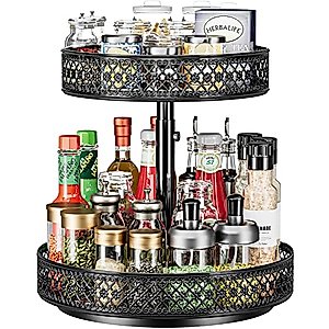 Lazy Susan Organizer 2 Tier - Turntable Spice Rack 12 inch Adjustable Metal Rotating Lazy Susan for Cabinet Pantry Kitchen Countertop Dining Table Cupboard Bathroom Vanity Storage Black