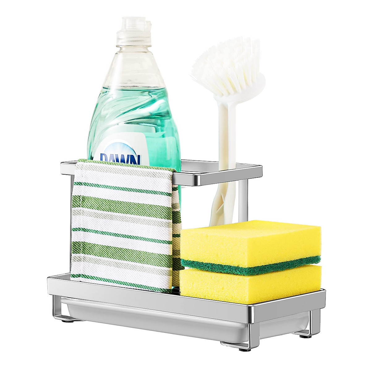 Oyydecor Kitchen Sink Caddy, 304 Stainless Steel Sponge Holder Organizer Countertop Soap Dish Rack Drainer with Drain Pan for Dish Rag Scrub Brush and Hand Sanitizer (Silver)