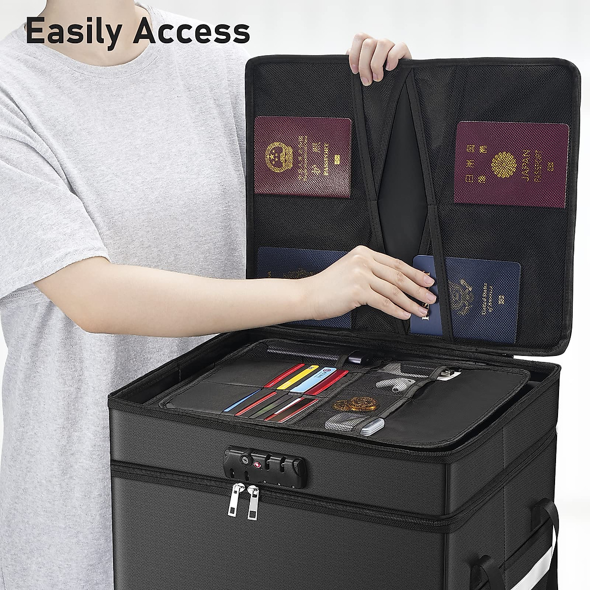 JLMY Fireproof Fiberglass Silicone 2 Layer Portable File Box with Lock for Letter Legal Size Folder Certificate Book Storage, Black, 42L