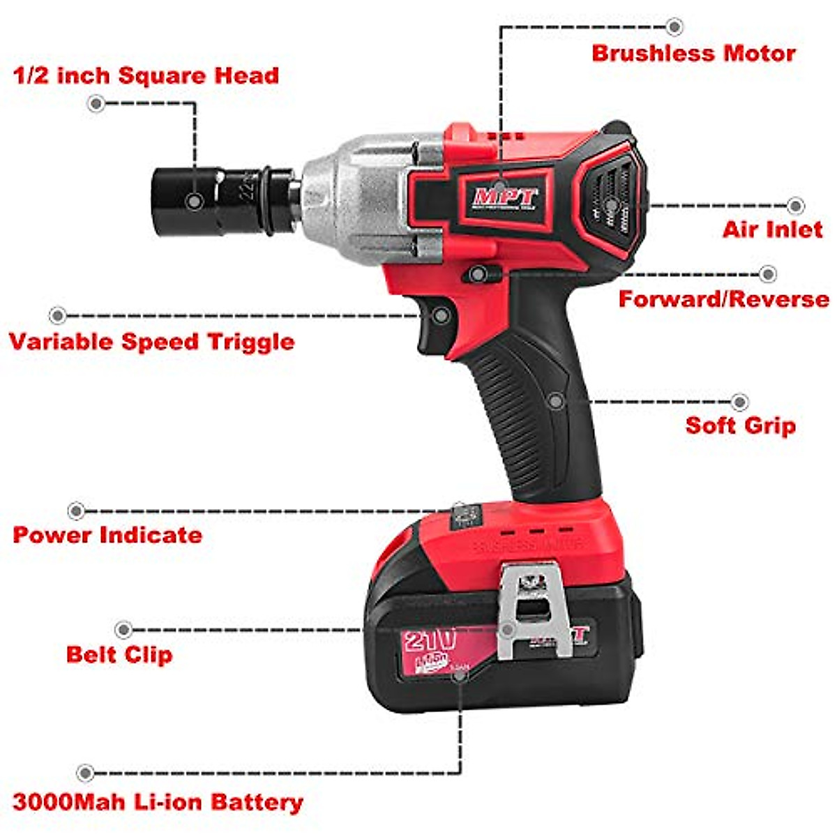 MPT Impact Torque Wrench Cordless, 21V 1/2-inch Brushless Impact Driver with 3.0Ah Li-ion Battery Fast Charger, 250 Ft-lbs(350N.m) Impact Gun/Drill for Car Tires