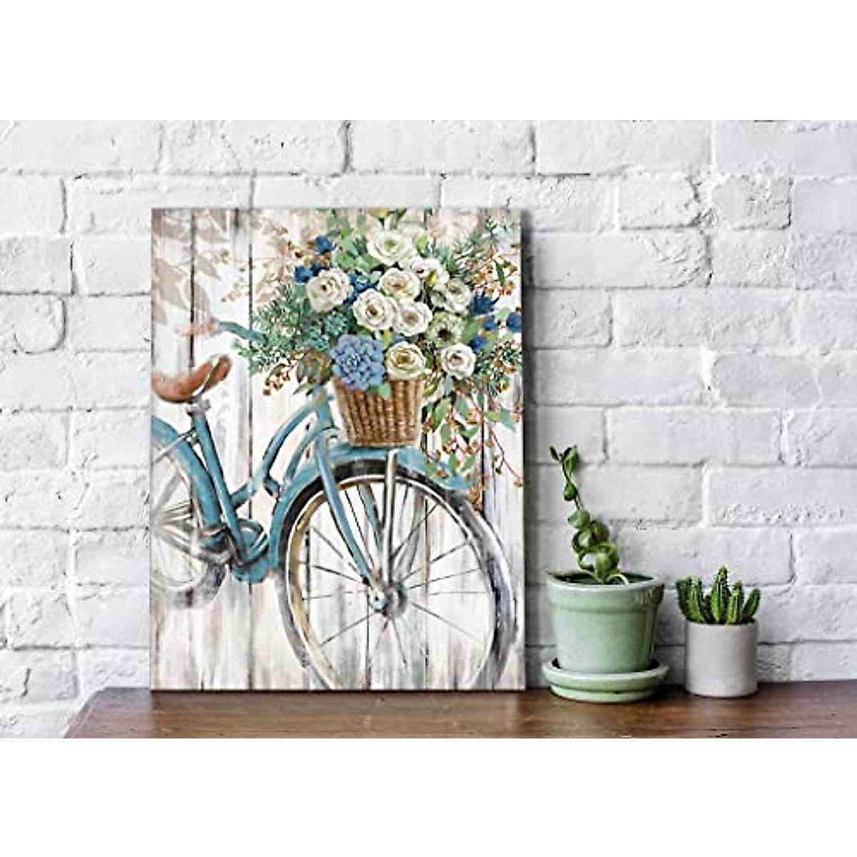 LAIART Farmhouse bathroom wall decor canvas art blue Retro bike picture print flower artwork for bedroom dining living room(11''x15)