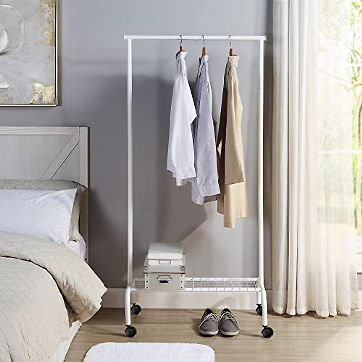 SunnyPoint Durable Compact Rolling Garment Rack with Shelf (GR-1TC, WHT)