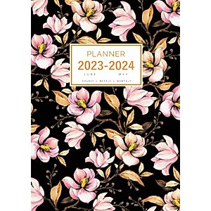 Planner June 2023-2024 May: A4 Large Notebook Organizer with Hourly Time Slots | Watercolor Magnolia Flower Design Black