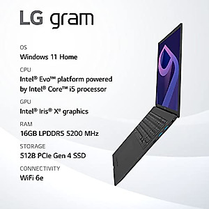 LG Gram (2022) 14Z90Q Ultra Lightweight Laptop, 14" (1920 x 1200) IPS Display, Intel Evo 12th Gen i5 1240P Processor, 16GB LPDDR5, 512GB NVMe SSD, FHD Webcam, WiFi 6E, Thunderbolt 4, Windows 11, Black