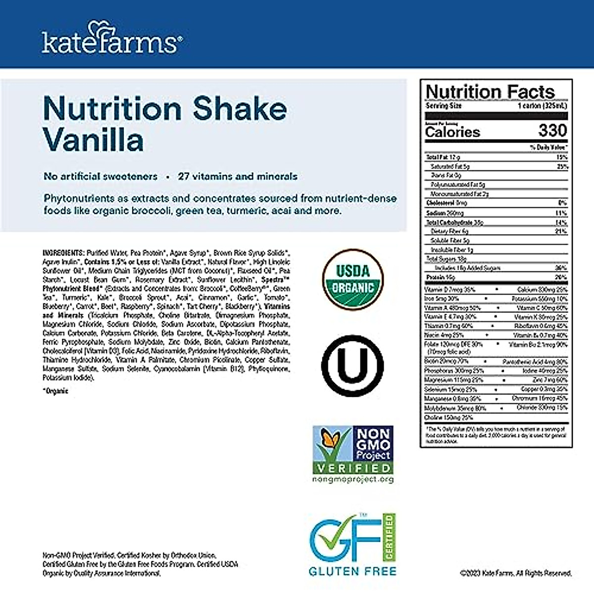 KATE FARMS Organic Nutrition Shake, Vanilla, 16g protein, 27 Vitamins and Minerals, Protein Meal Replacement Drink, Plant Based, 11 oz (6 Pack)