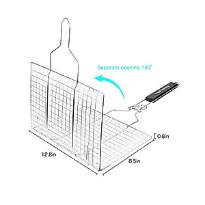 Yeeteching Grill Basket, Non Stick Portable 430 Grade Stainless Steel with Removable Wooden Handle for Fish, Steak, Meat, Vegetables, Grill Basket for Outdoor BBQs, Kitchen & Camping