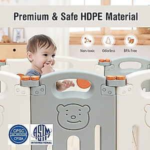 Costzon Baby Playpen, 14-Panel Foldable Large Baby Playard w/Locking Gate, Non-Slip Rubber Bases, Adjustable Shape, Portable Baby Fence Play Area Design for Indoor Outdoor Use (Beige + Gray)