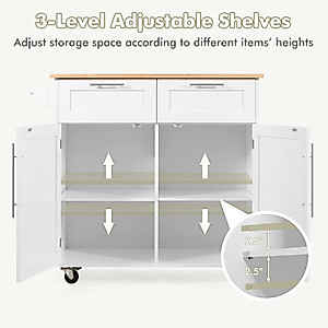 COSTWAY Kitchen Island Cart on Wheels, with Side Towel Bar, 2 Drawers, 2 Door Cabinet, Rolling Storage Trolley Cart with Rubber Wood Top & Lockable Casters (White)