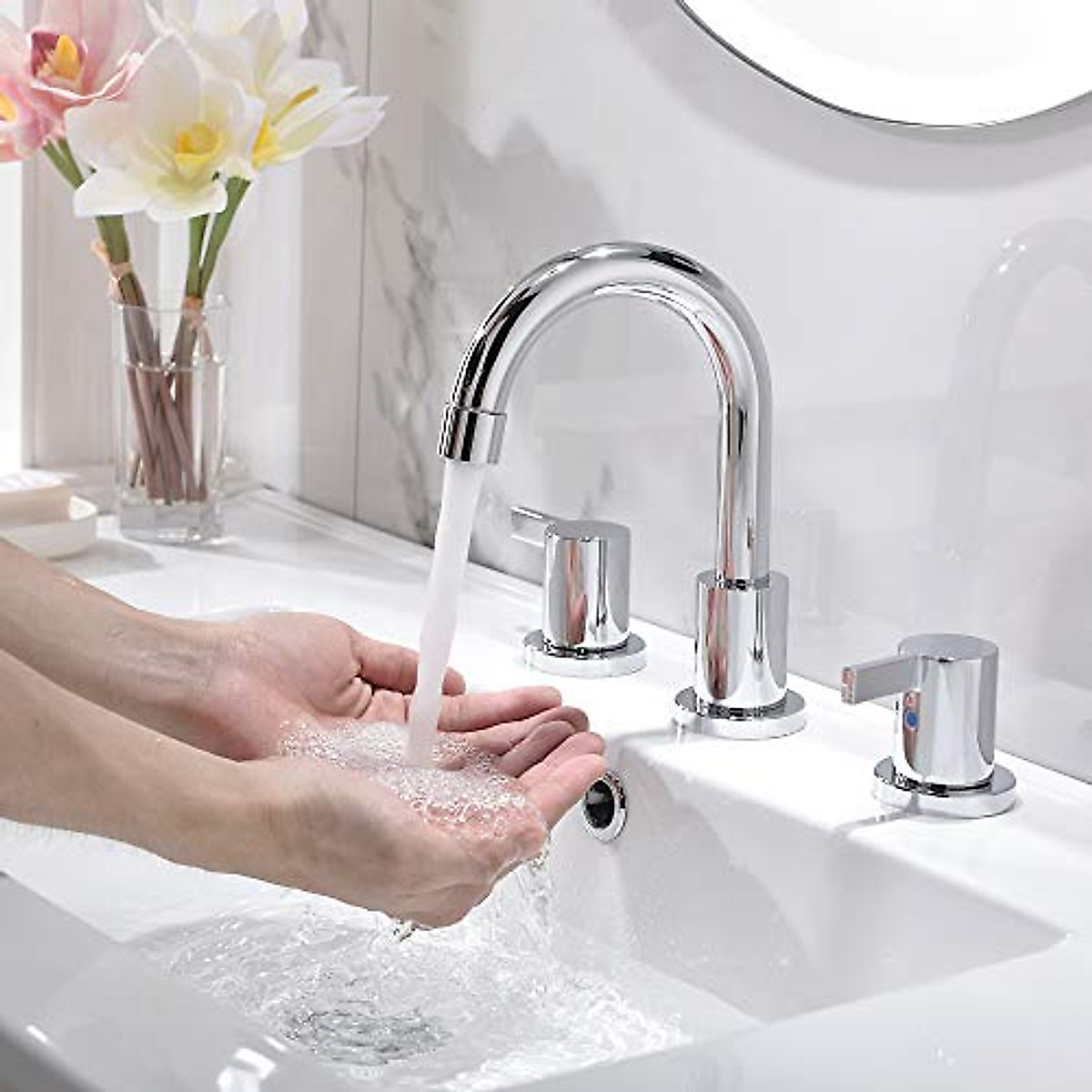 Widespread Bathroom Sink Faucet, 3 Hole 8 Inch Chrome Finish, Utility/Lavatory Modern Faucet with Pop Up Drain by Phiestina, WF015-1-C