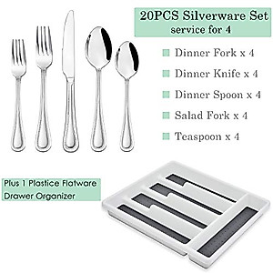 20-Piece Silverware Set with Drawer Organizer, HaWare Stainless Steel Flatware Service for 4, Modern Tableware Cutlery with Pearled Edge, Eating Utensil for Home, Mirror Polished, Dishwasher Safe