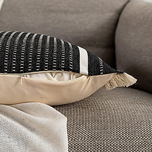 OJIA Modern Throw Pillow Cover with Tassels, Decorative Liana Fringe Accent Cushion Case, Farmhouse Woven Pillowcase for Sofa Chair Couch Bed Decor (Lumbar 18 x 18 Inches, Black)