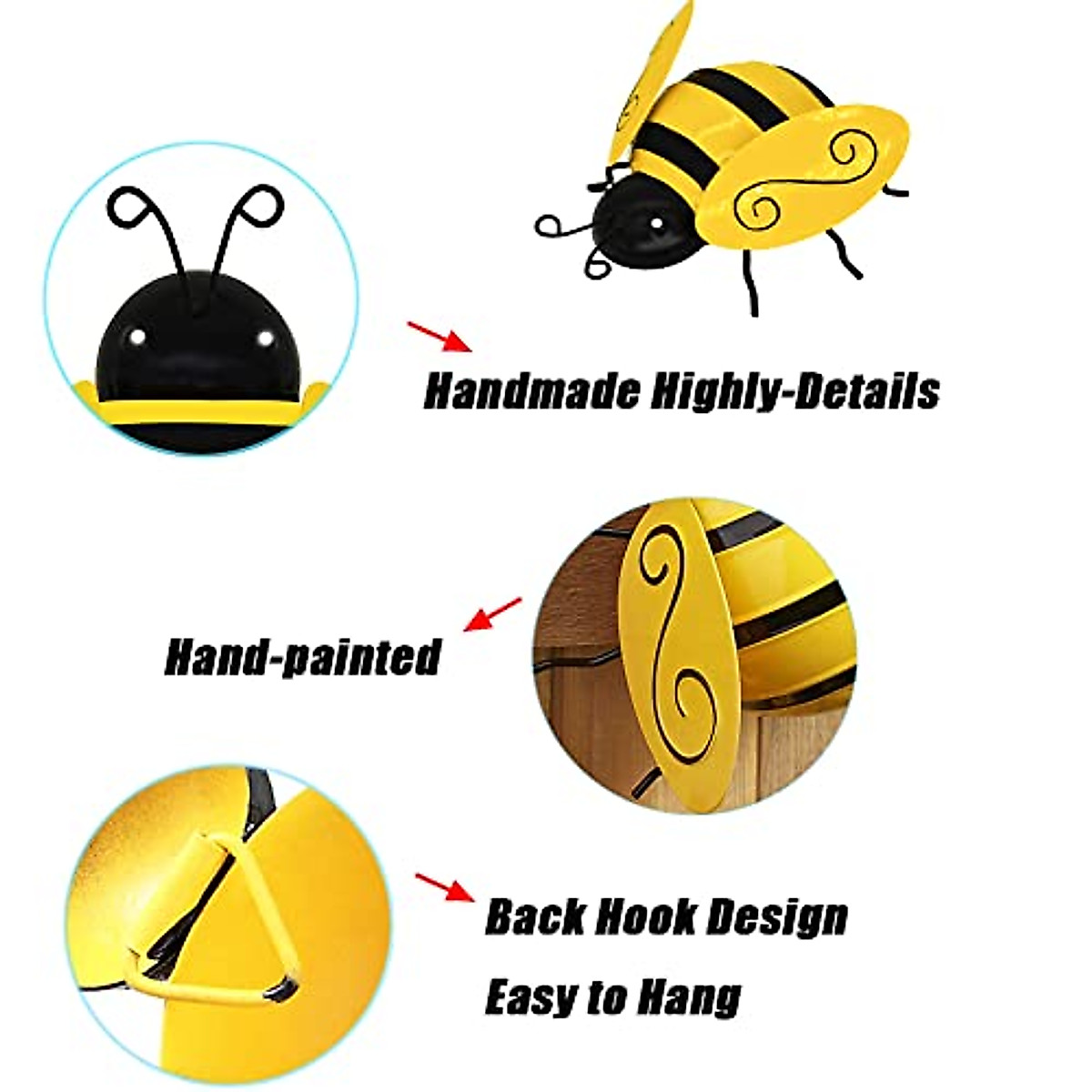 MACLARONX Metal Bumble Bee Yard Art Wall Decor, 4 Pcs 3D Iron Bumblebee for Whreath Rustic Fence Outdoor Garden Accents Sculpture Hanging Decorations Lawn Home Indoor Ornaments