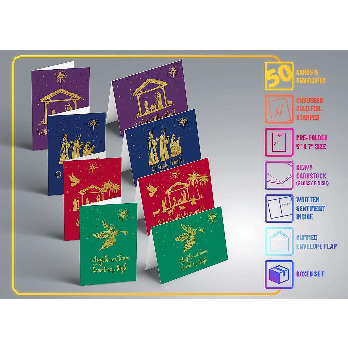 Better Office Products 50 Pack Religious Christmas Cards with Embossed Gold Foil Accents, 5" x 7", High Gloss, Gold Foil Interior Greeting, with 50 Envelopes, 50 Count Boxed Assortment