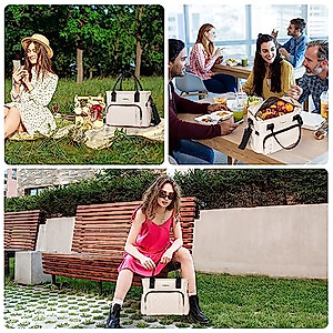 ESMNOAN Lunch Bag Women,13L Large Insulated Lunch Box for Women,Leak Proof Lunch Cooler Bag with Bottle Holder,Womens Lunch Bag,Adult Lunchbox for Work Picnic Beach,Beige