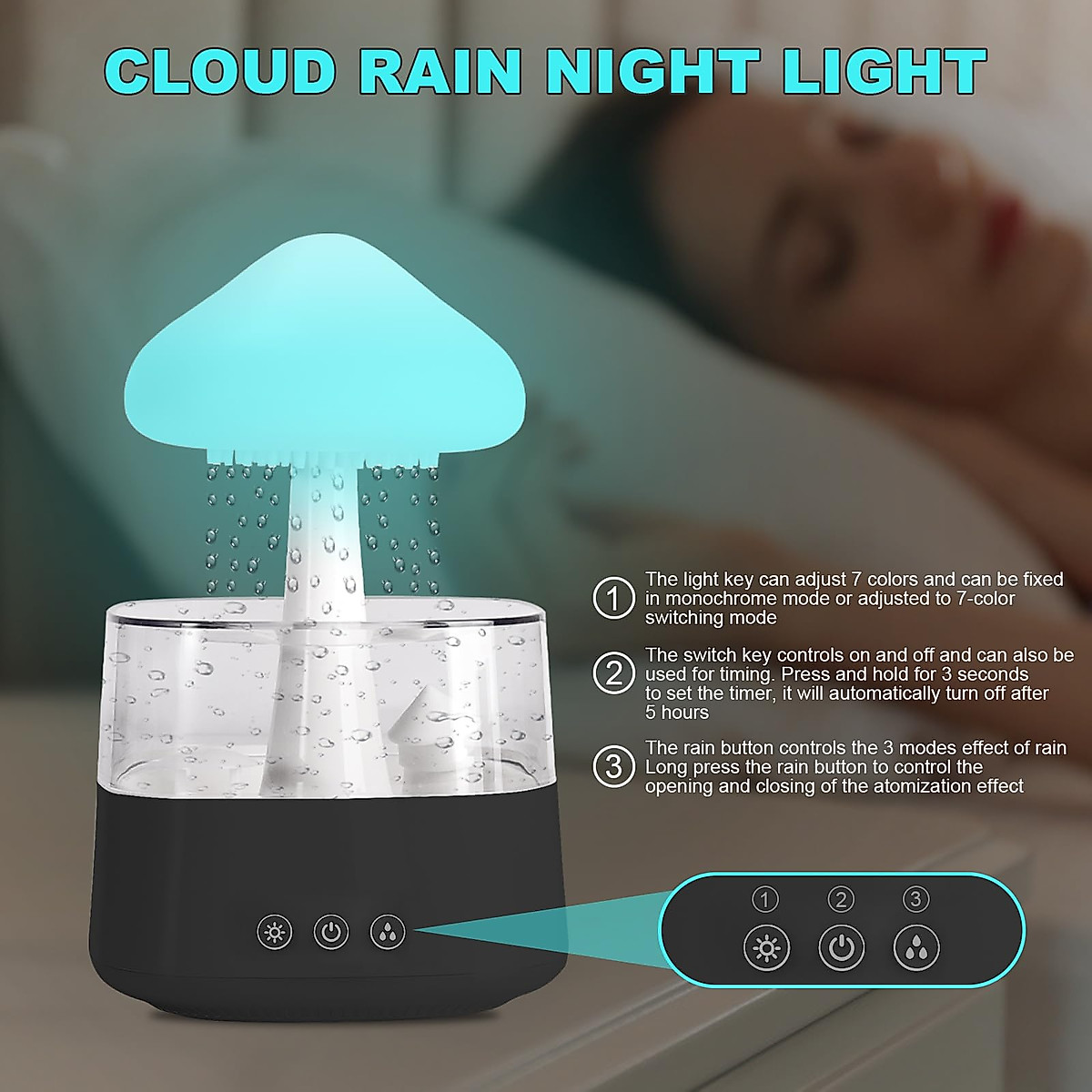 Cloud Rain Humidifier for Bedroom Water Drip Diffuser, Mushroom Diffuser, 450ml Cloud Humidifier Rain Drop,Cloud Diffuser with 7 Colors, Rain Sounds for Sleeping (08 Black)